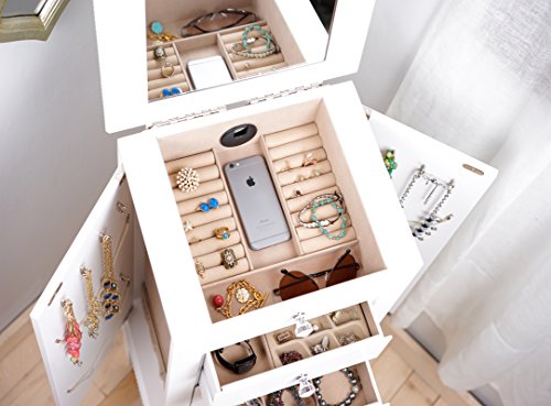 Hives and Honey Kimberly Jewelry Armoire - Modern White Storage Organizer with Divided Drawers and Necklace Hooks - French-Inspired Design with Jewel-Like Pulls - Anti-Tarnish Felt Lining