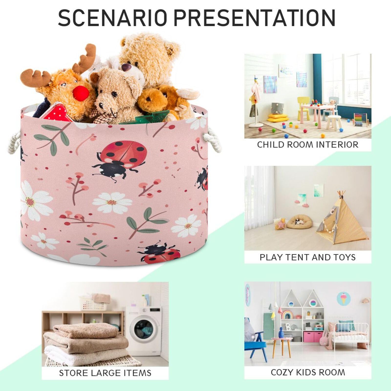 SDMKA Lady Bugs on Pink Laundry Basket Extra Large Storage Basket 20" x 14" Blanket Basket Toy Basket Decorative Cotton Rope Handle Laundry Hamper