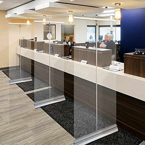 BannerBuzz Floor Standing Sneeze Guard - Full Tarp with Steppy Retractable Stand Isolation Barrier - Clear Film Protective Shield for Cafes, Retail Stores, Cashier, Receptionist (2.5' x 6.5')