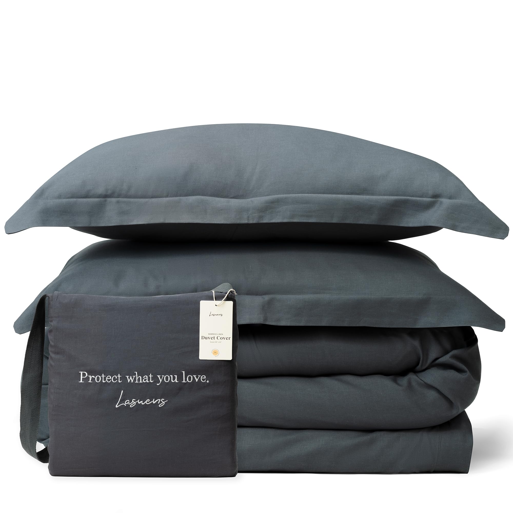 Lasuens Linen Duvet Cover Set Queen - 70% Viscose from Bamboo 30% Flax Linen, Soft Cooling and Airy Comforter Cover, Luxury Bedding Set, 1 Duvet Cover, 2 Shams, 3 Pieces, Quiet Shade Grey - 90" x 92"