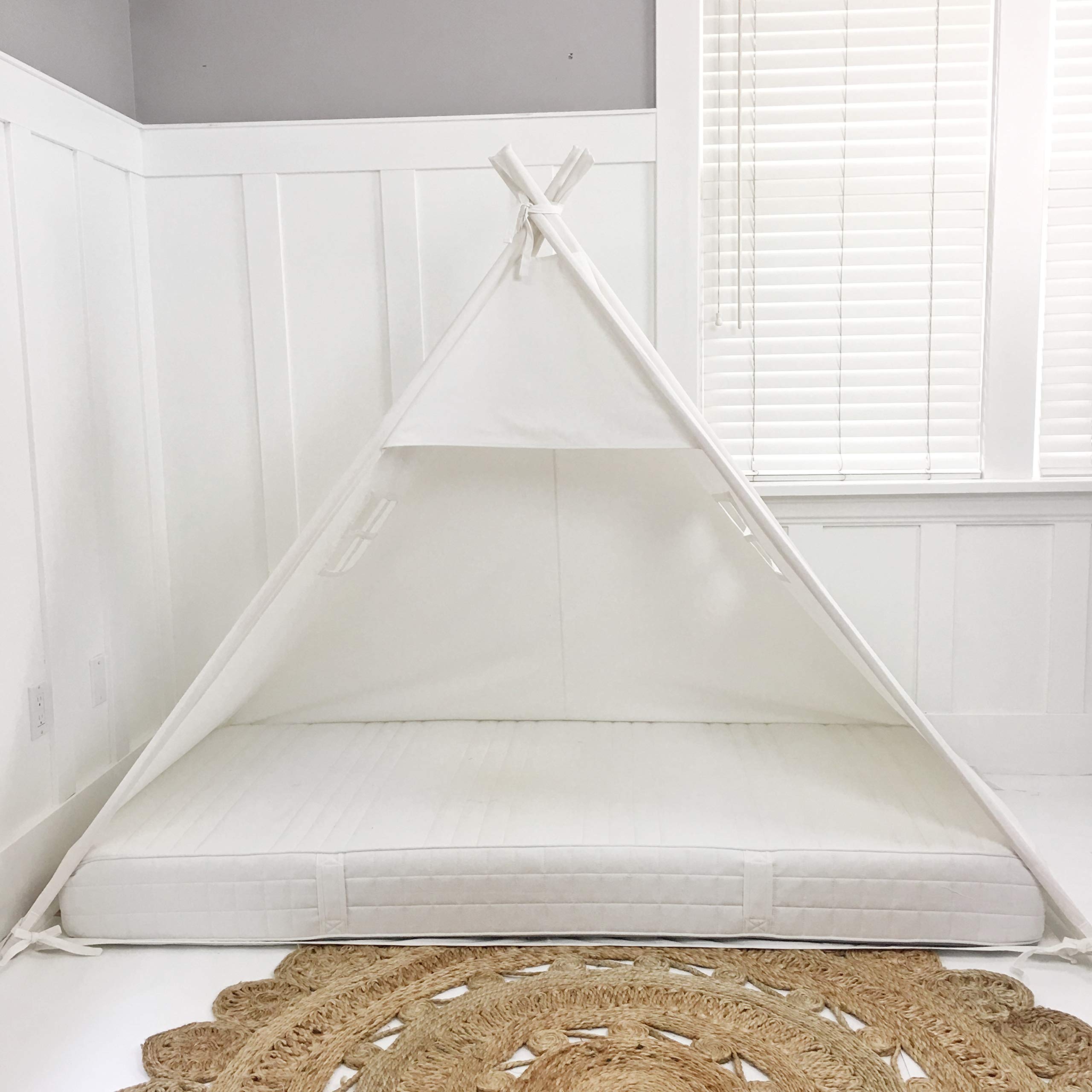 Domestic Objects | Play Tent Bed Canopy | Teepee for Mattress | 100% Cotton Canvas | Premium Quality (Twin/Single No Door) (White)