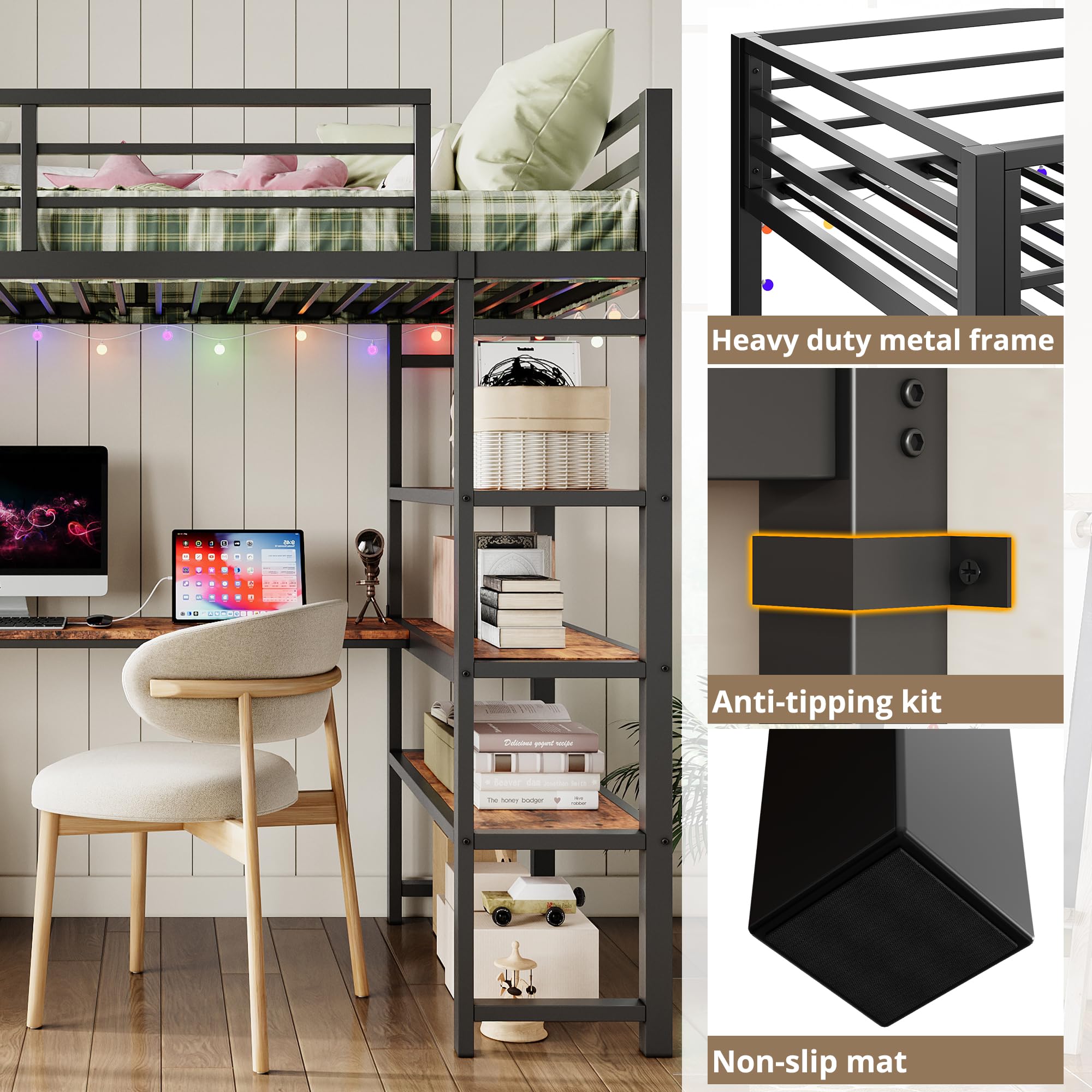 ANCTOR Loft Bed Twin Size with L Shaped Desk and Shelves, Heavy Duty Metal Loft Bed Frame with Power Outlet and LED Lighted, Space-Saving, Noise Free, Brown