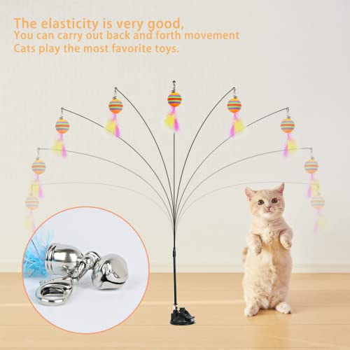 Cat Toy Wand Auto Interactive Toys for Indoor Cat 6 in 1 Hands-Free Natural Bird Feather Ball Toys, Suction Cup Pet Dancing Playing Toy