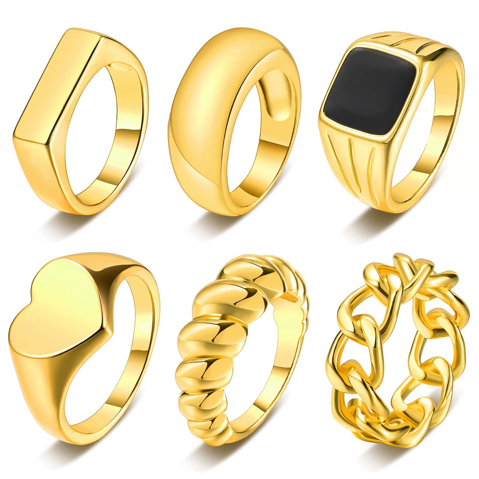 6 PCS Gold Chunky Rings Set - iF ME 18K Real Gold Plated Stacking Rings Set, Statment Croissant Dome Chunky Rings for Women and Men (9)