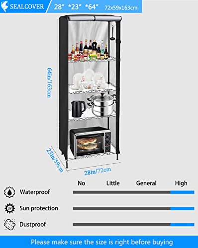 Sealcover Storage Shelf Wire Shelving Cover, High Density Waterproof and Dustproof Wire Rack Cover, 28 * 23 * 64in, Black Storage Rack Covers.