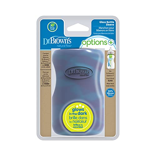 Dr. Brown’s Natural Flow Options+ Glass Baby Bottle Sleeves, 100% Silicone, 9 oz, Wide-Neck, Glow in the Dark