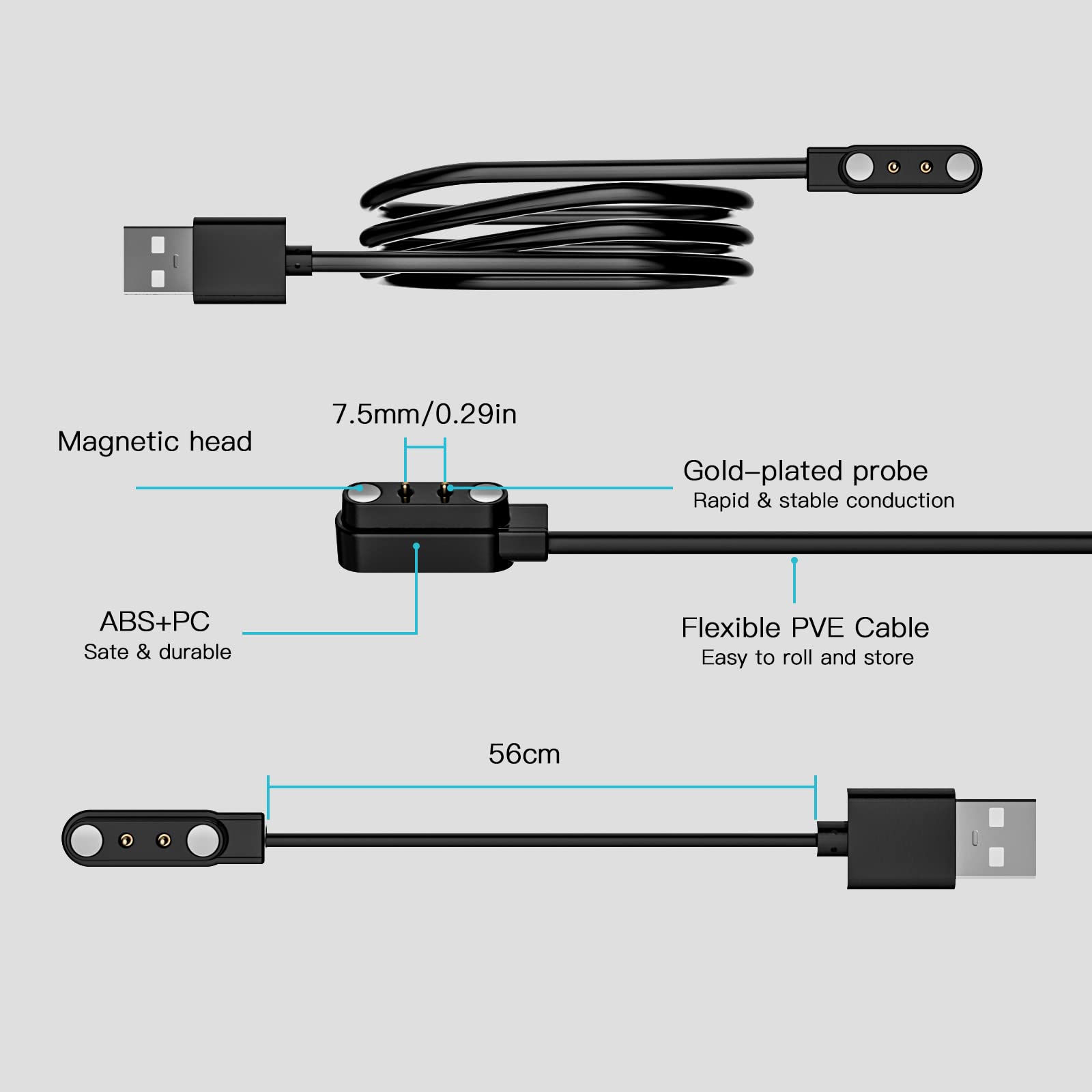 ANDFZ Smart Watch Charger Magnetic, USB Charging Cable Compatible LESHIDO T42Pro CS01 CS02 CS03 CS08 Black Pink Starlight