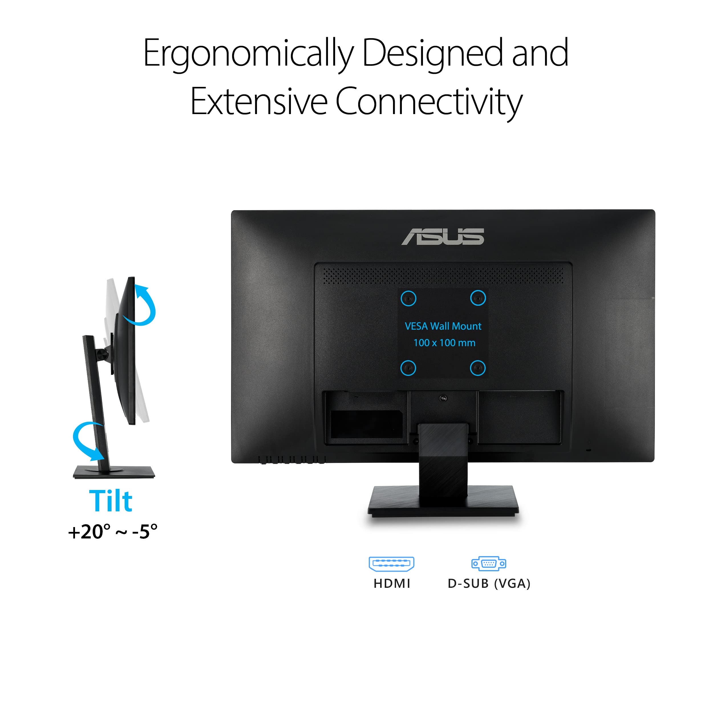 ASUS 27" 1080P Monitor - Full HD, Eye Care, Low Blue Light, Flicker-Free, VESA Mountable, Anti-Glare, D-Sub, HDMI Computer PC Monitor - VA279HAE