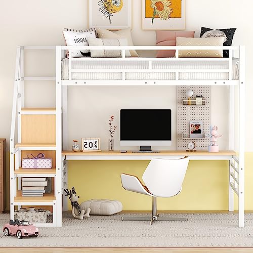 CITYLIGHT Full Size Loft Bed with Staircase and Desk, Metal Loft Bed Frame with Wardrobe and Storage Shelves, Full Loft Bed with Desk for Kids, Teens, Boys & Girls (Full, White)