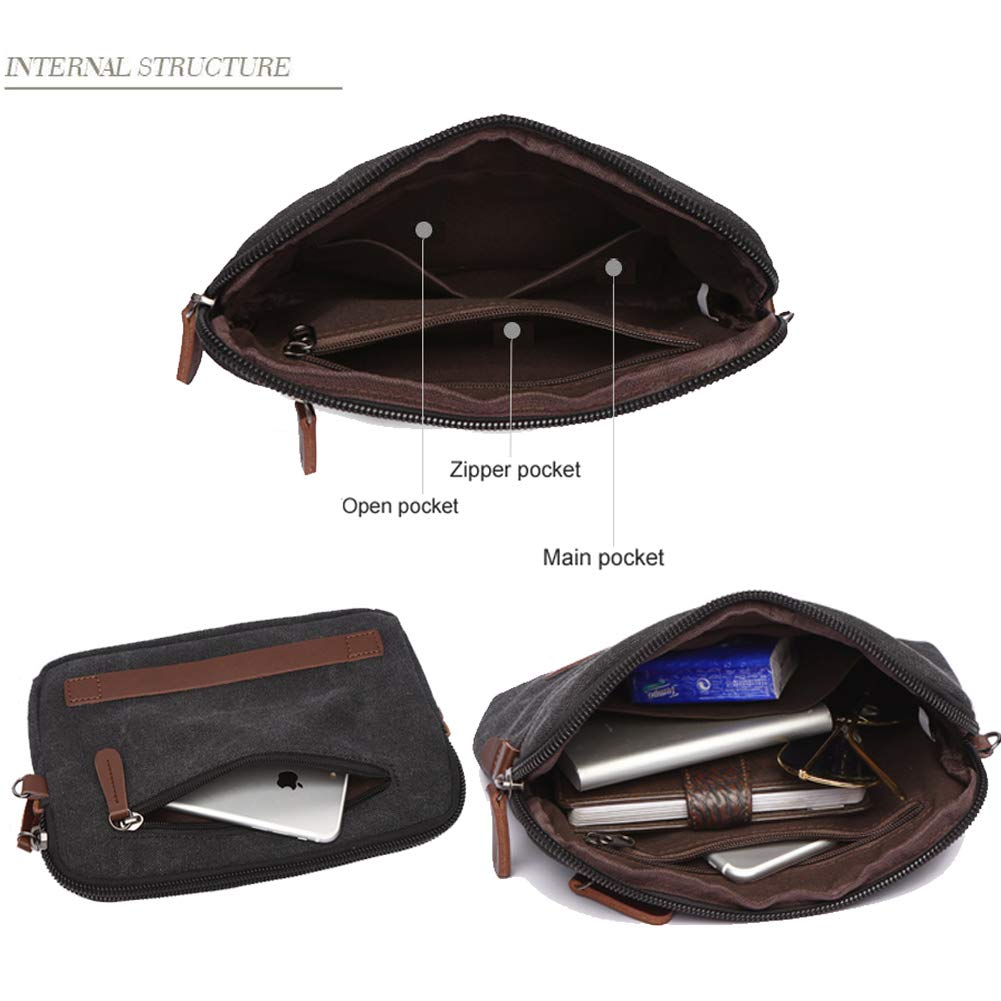 Canvas Wristlets Bag Large Clutch Bag Wallet Purse Zipper Pouch Handbag Organizer with Leather Strap Wristlet Purse for Men (Black)