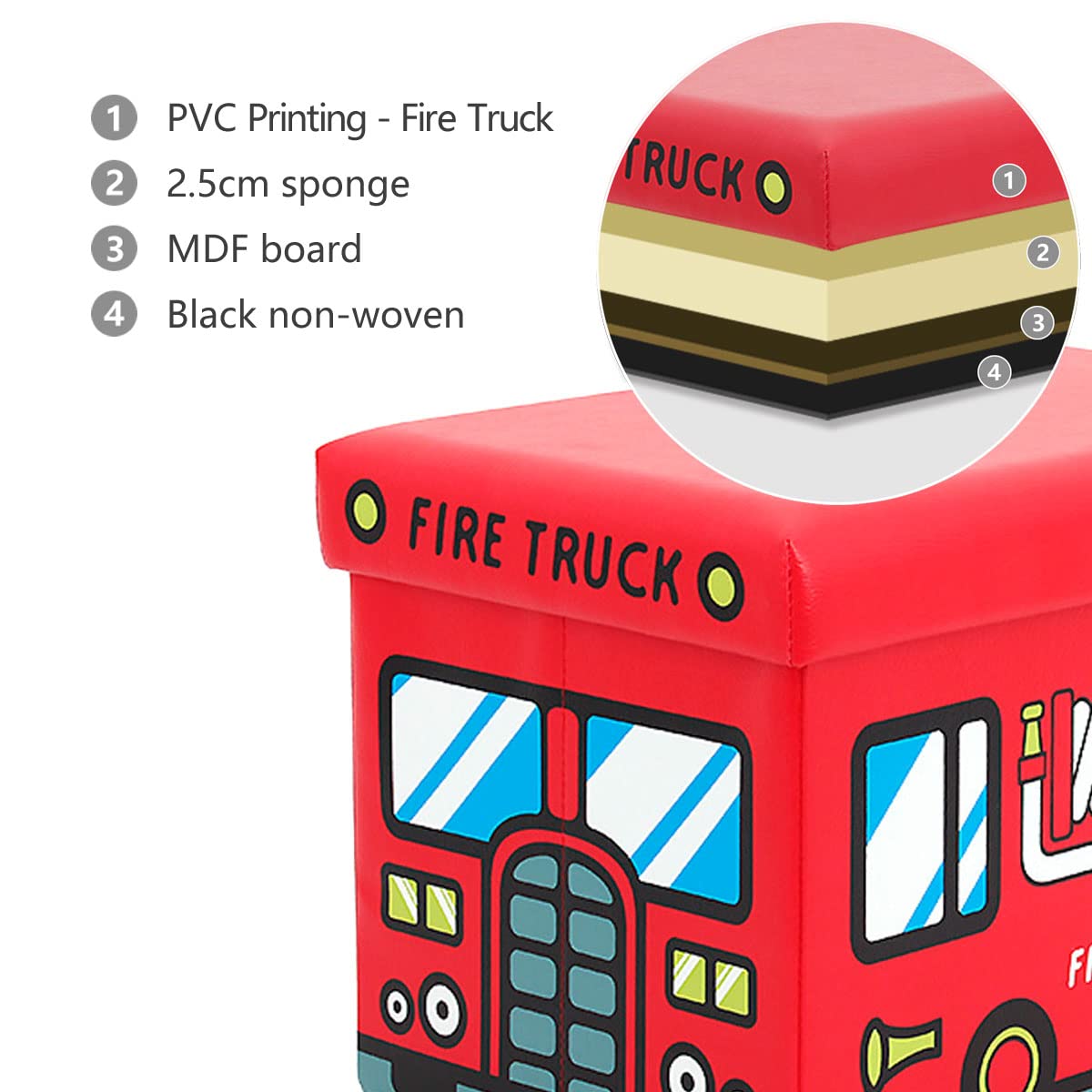HOERGOTS Toy Chest with Lid Sturdy Toy Box for Boys Girls Fire Truck Pattern Foldable Children Storage Ottoman Bench Holds up to 660 lb, 19"x12"x12" (Red)