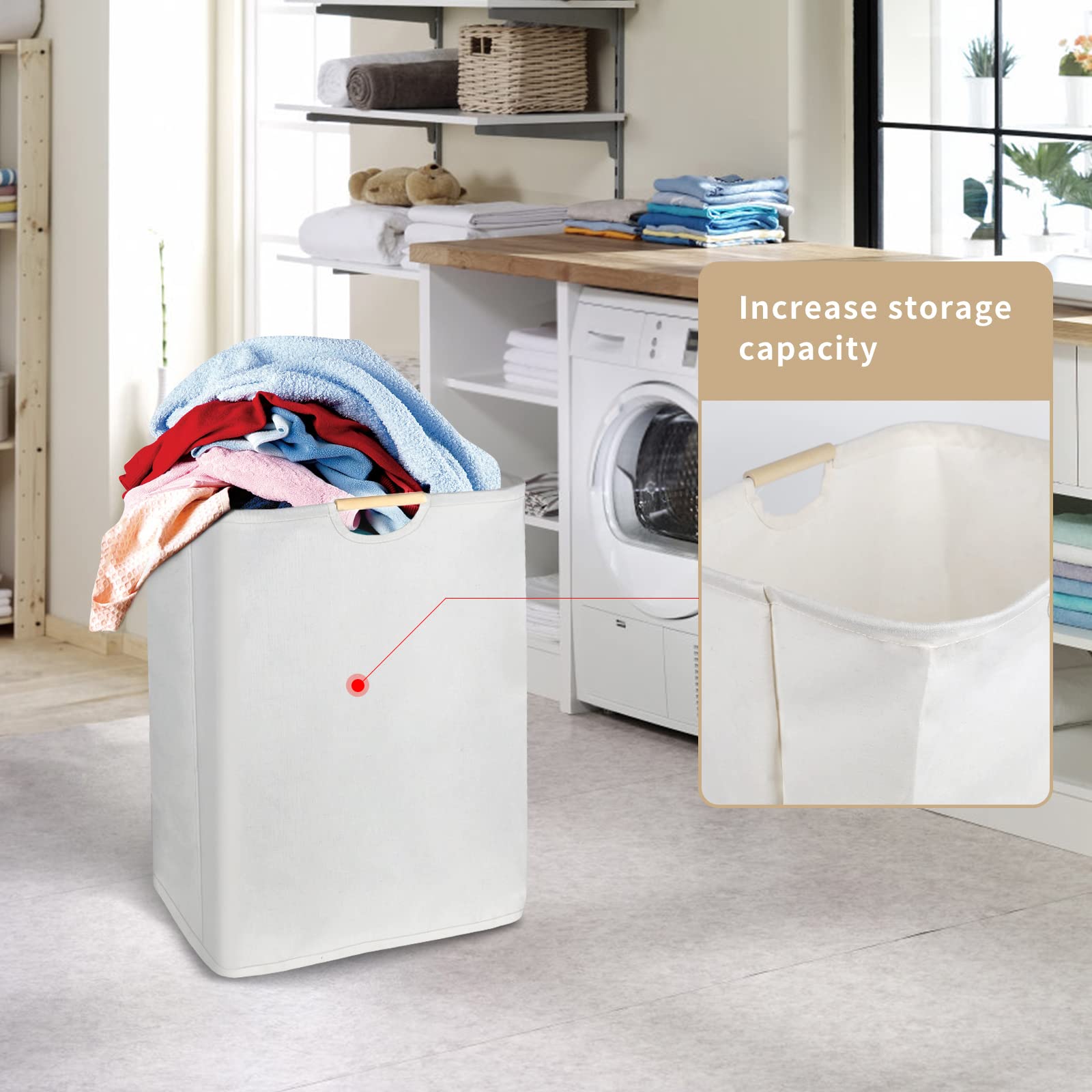 NONAKO 2 Pack Laundry Hampers - Large Collapsible Laundry Basket with Easy Carry Wooden Handles, Freestanding Dirty Clothes Hamper for Bedroom, Laundry Room, Bathroom, White