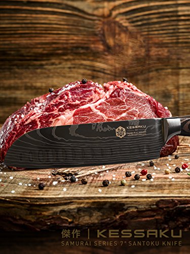 KESSAKU Santoku Knife - 7 inch - Samurai Series - Razor Sharp Kitchen Knife - Forged 7Cr17MoV High Carbon Stainless Steel - Wood Handle with Blade Guard