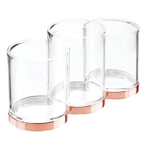 mDesign 3- Section Makeup Brush Organizer for Bathroom Vanity - Plastic Brush Holder for Makeup - Storage Cup for Eyeliner, Lipstick, Concealer - Cosmetic Holder, Lumiere Collection, Clear/Rose Gold