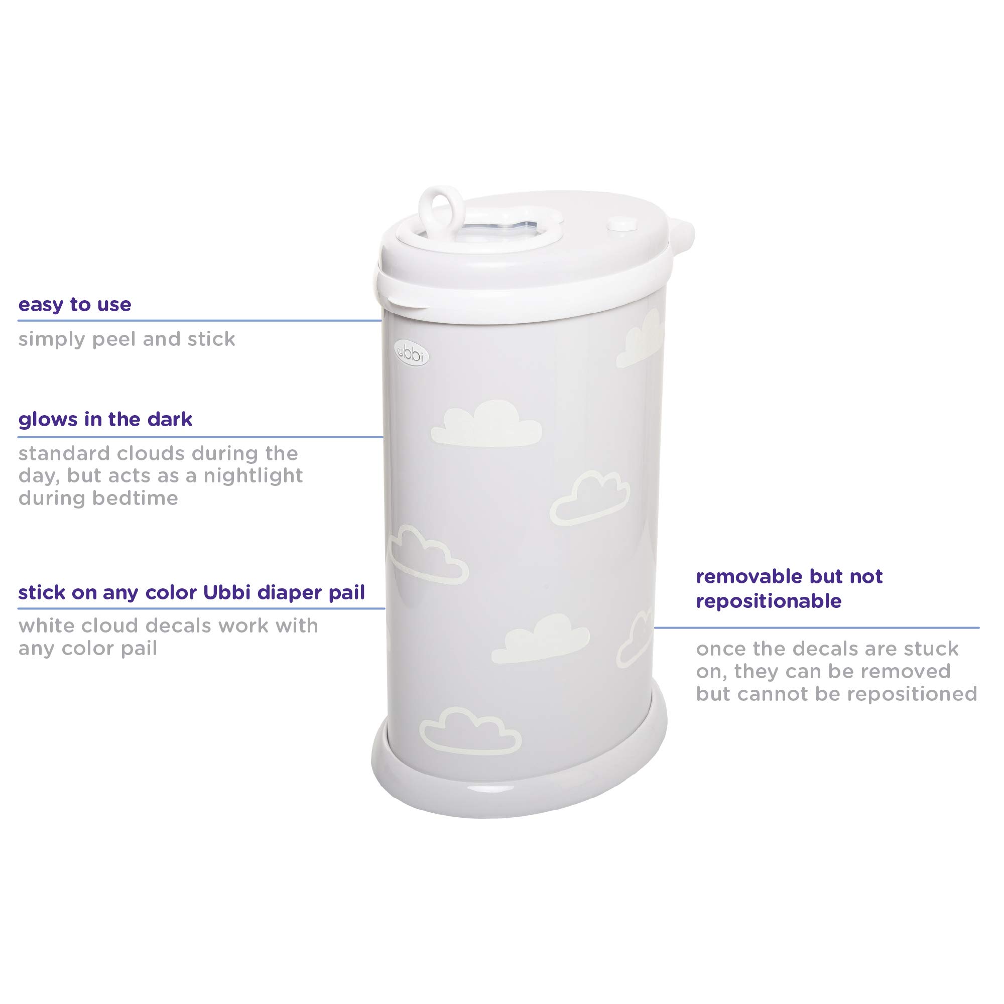 Ubbi Glow-in-The-Dark Cloud Peel and Stick Decal Stickers, Decorative Sticker for Diaper Pail or Baby Nursery