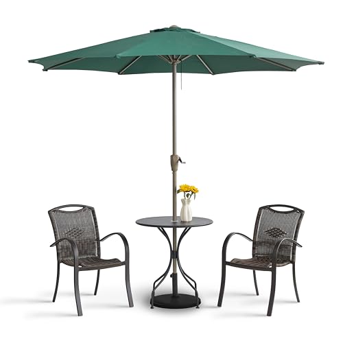 AAHOME 4 Piece Outdoor Patio Furniture Set,2 Rattan Chairs and 1 Round Coffee Table with 1.9" Umbrella Hole and 1 Green 9’ Patio Umbrella with Base Included, for Deck Garden Backyard Lawn Poolside.