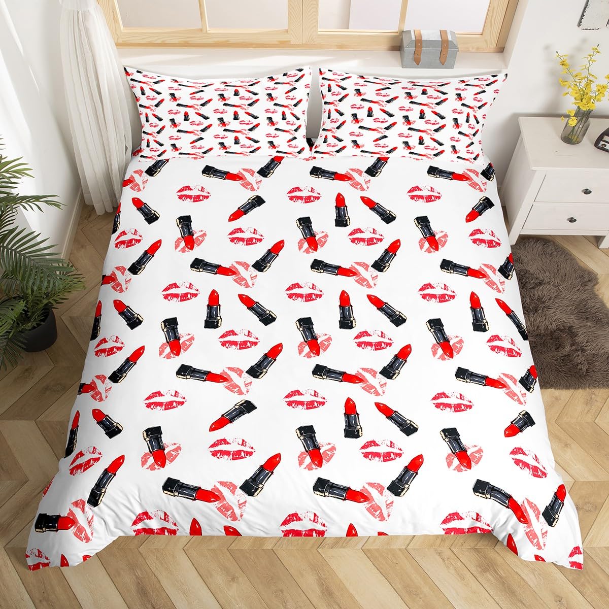 Feelyou Kiss Duvet Cover Set Queen Size, Feminine Red Lips Comforter Cover Set, Lipstick Print Decor Sexy Mouth Makeup Pattern Bedding Set, Bedding Collection Burgundy Pink Bedspread Cover