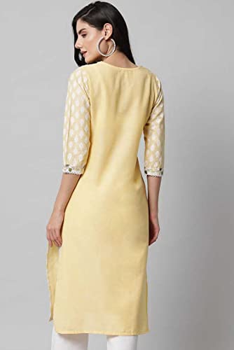 Chandrakala Women's 100% Cotton Tunic Top 3/4th Sleeve Straight Kurti Kurta,Medium,Beige (K218BEI2)