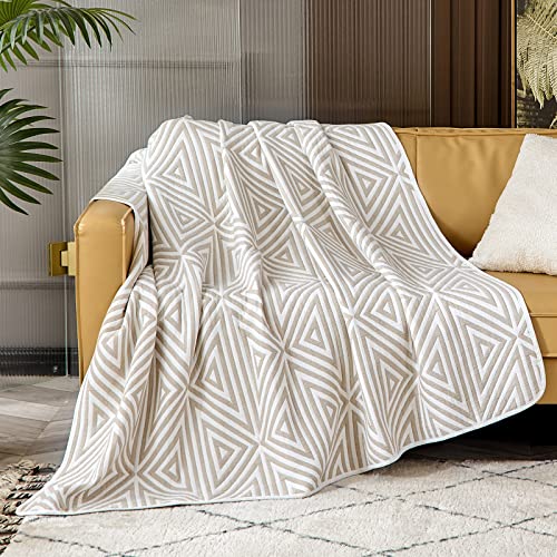 EMME Cotton Queen Blanket for Bed - Queen Quilt 6 Layer Soft Thicken 400GSM Triangle 90"x 90", Cotton Comforter for Dorm Bed All Seasons (Light Tan,Queen)