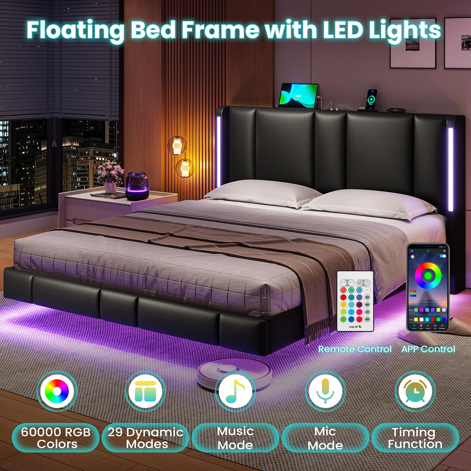 MSmask Queen Platform Bed Frame, Floating Bed with LED Lights, Faux Leather Upholstered Headboard, 2 USB Ports, Under-Bed Storage, No Box Spring Needed, Black
