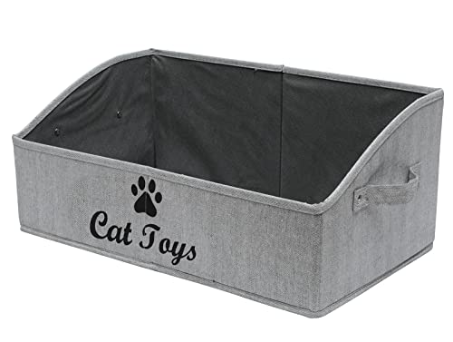 Geyecete Large cat Toy Box Storage Box - Foldable Cotton and Linen Trapezoid Organizer Boxes with Handle, Collapsible Basket for cat Toys-CAT-Striped Gray