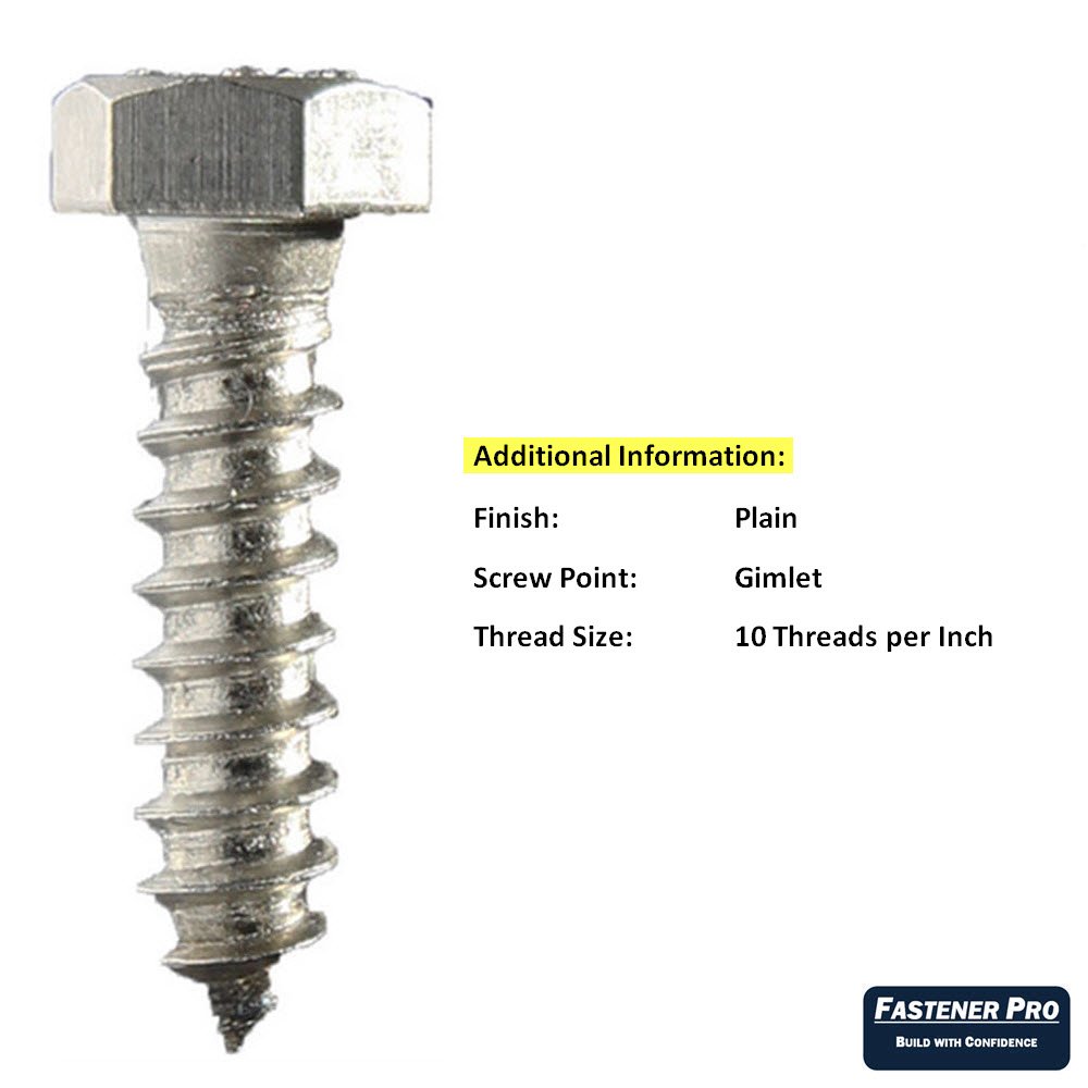 Fastener Pro 1/4 x 1-1/4-Inch Hex Head Lag Screw Kit, 18-8 (304) Stainless Steel, 10-Pack (10 Lag Screws + 10 Flat Washers)