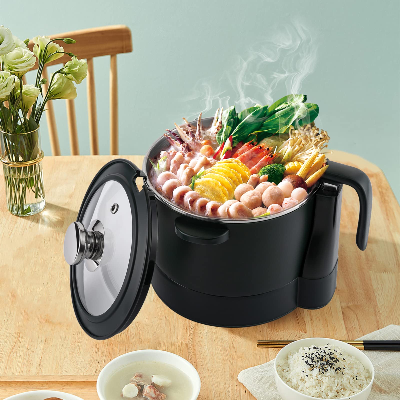 Electric Hot Pot, 3L Smart Lifting Stainless Steel Hot Pot, Electric Shabu Shabu Steamer Low Sugar Rice Cooker, 1500W Mini Pot for Rice Rapid Noodles Soup Ramen with Power Adjustment