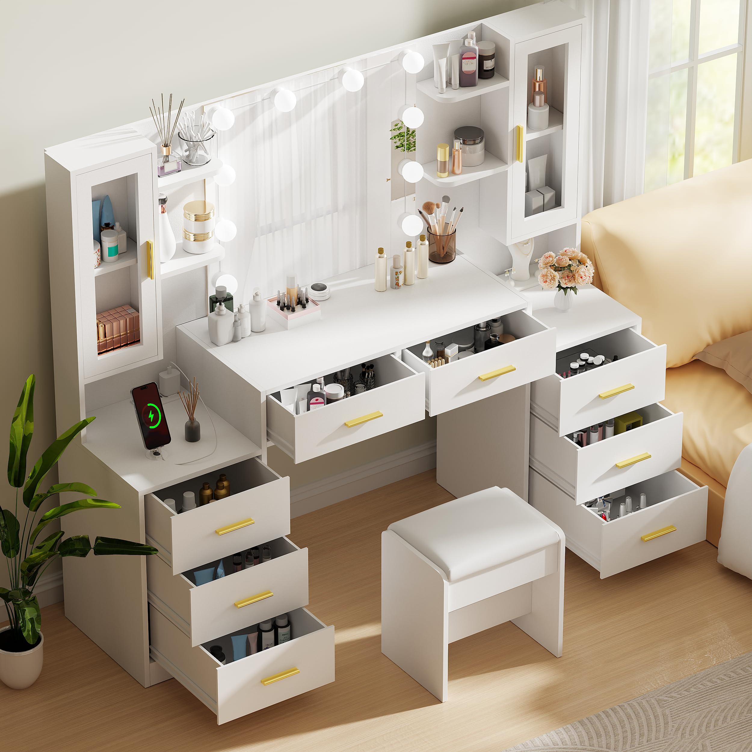 ANWBROAD 59.1" Large Vanity Desk Table with Mirror & Lights White Makeup Vanity with Power Outlet and 8 Drawers 2 Cabinets 3 Lighting Modes Adjustable Vanity Table for Bedroom Dressing Room UBDT67W