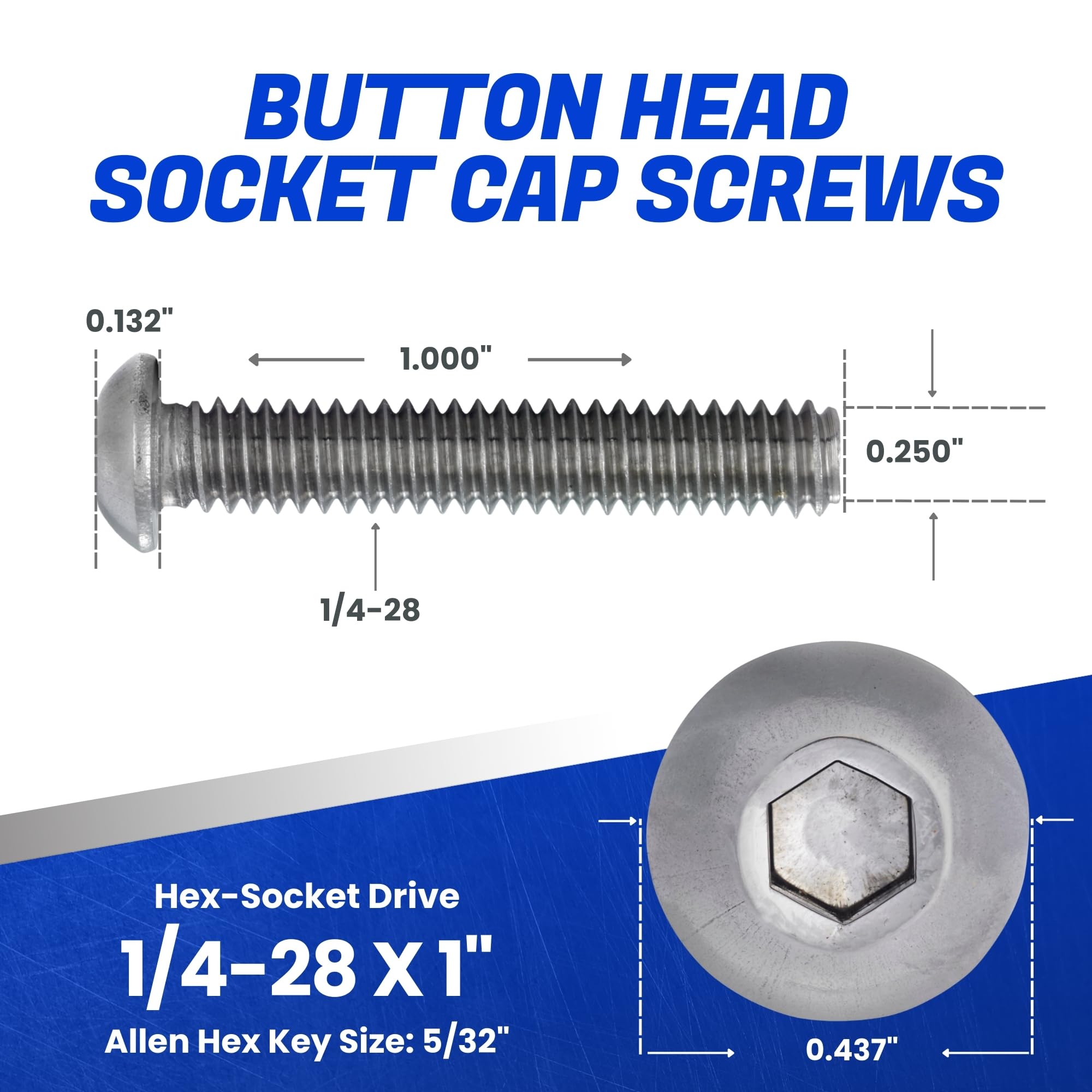 Fastenere Button Head Socket Cap Screws - 1/4-28 x 1" (25 Pack) Stainless Steel 18-8, Full Thread, Bright Plain Finish, Corrosion-Resistant, Machine Thread, Easy to Install w/Allen Socket Drive