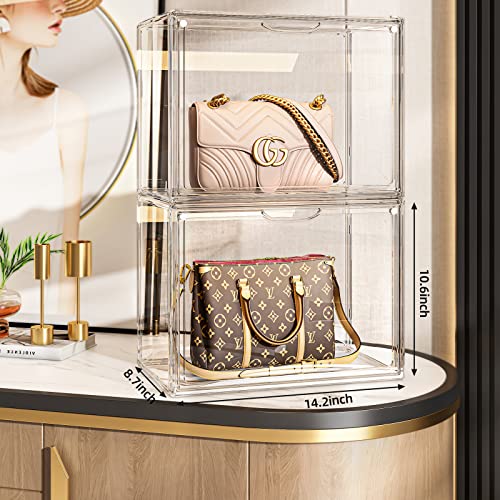 Clear Handbag Storage Organizer for Closet, 3 Packs Acrylic Display Case for Purse/Handbag, Plastic Storage Containers with Magnetic Door, Acrylic Box Organizers for Collectibles, Toys, Figures