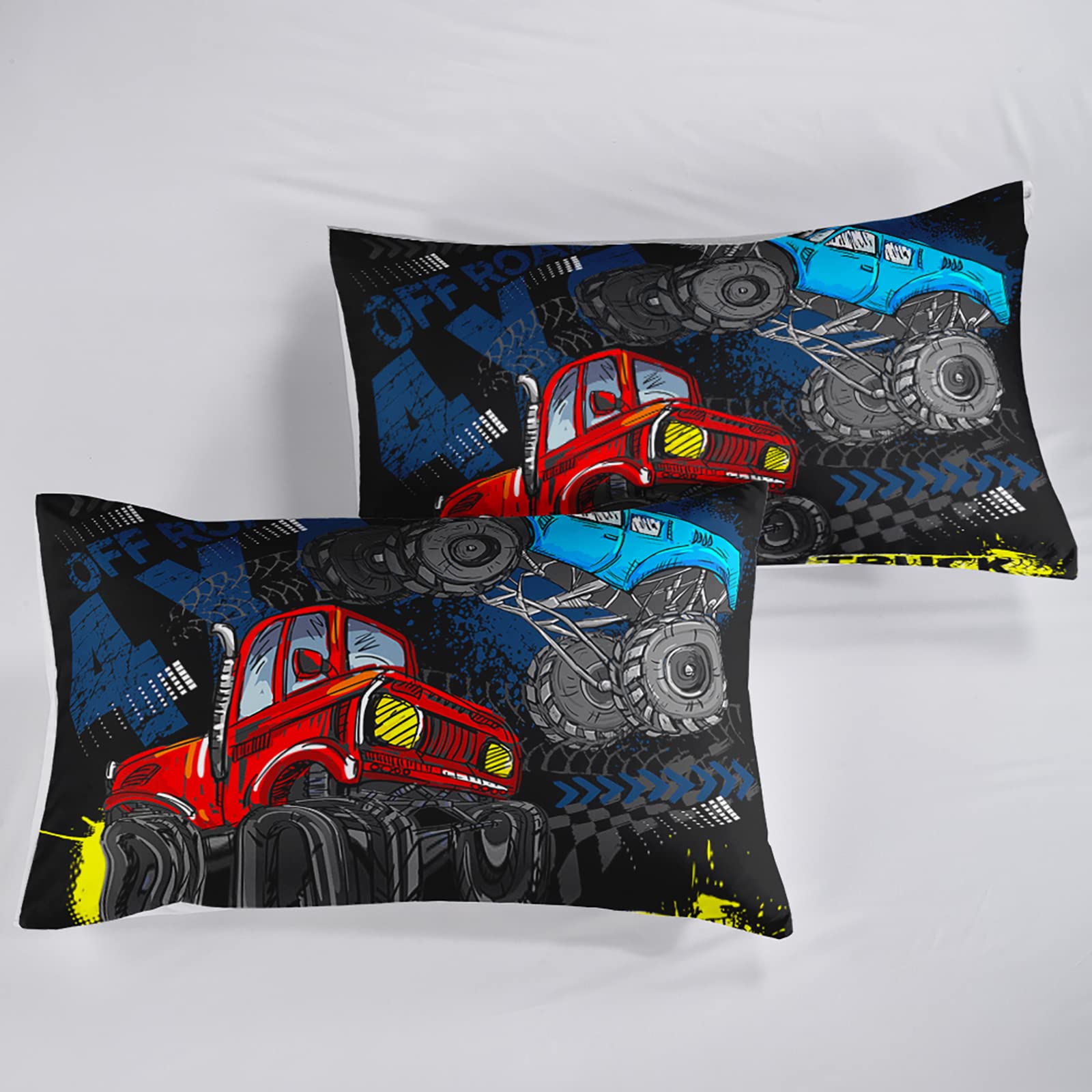 QOOMO Truck Bed Sheets Twin,Black Car Bed Sheet for Kids Boys Teens,16" Deep Pocket Bed Sheet Set for Boys/Girls/Kids/Teens,4 Piece Sheet Set, 1 Fitted Sheet,1 Flat Sheet and 2 Pillowcases,Twin Size