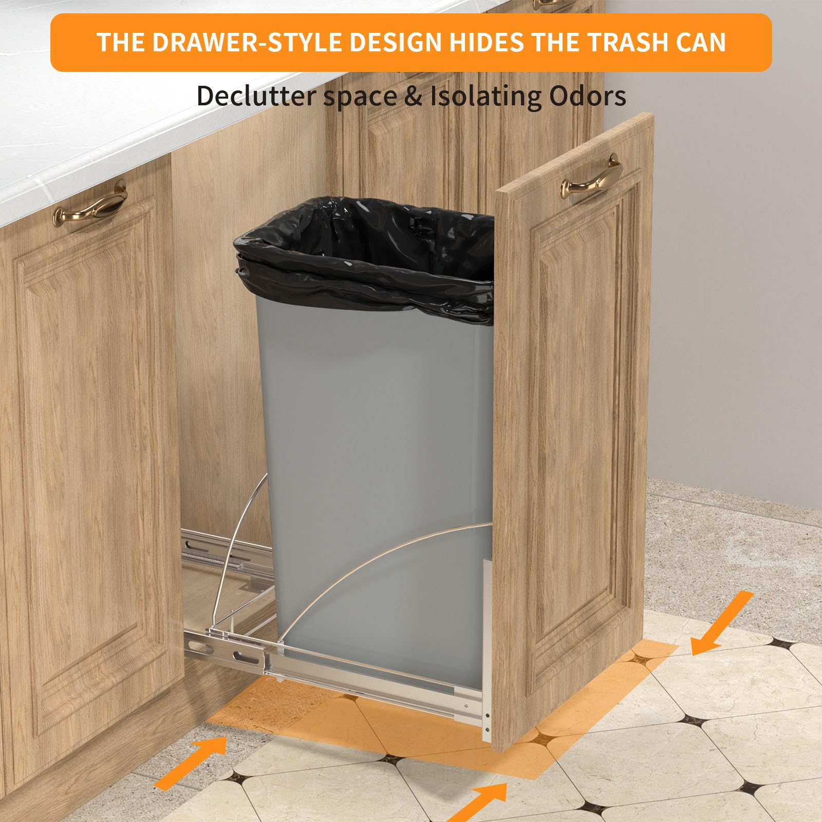 Pull Out Trash Can Under Cabinet，Under Sink Trash Can Cabinet Pull Out with Door Mounting Kit，Cabinet Trash Can Pull Out Kit，Requires 15" W X 18" D Minimum Cabinets，Chrome-Waste Bin Not Included