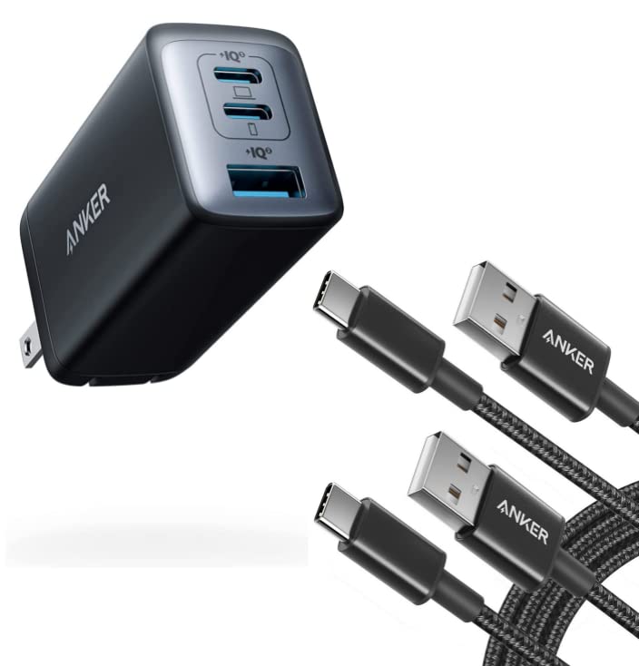 Anker USB C Cable, [2-Pack, 6ft] USB C Charger Cable, Premium Nylon USB A to Type C Charger Cable & Anker USB C Charger, 735 Charger (Nano II 65W), PPS 3-Port Fast Compact Foldable Wall Charger