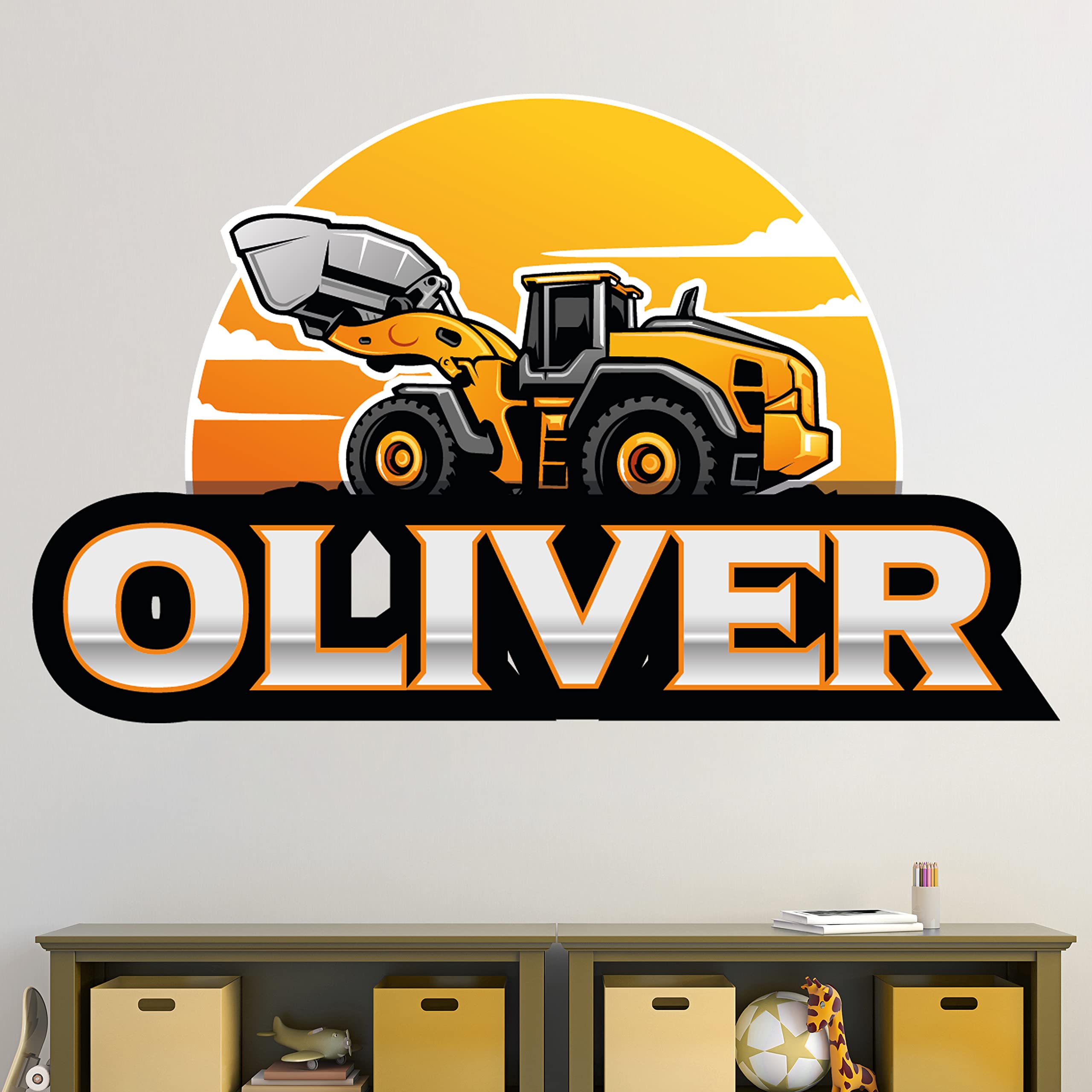 AdesiivoStudio Construction Decor for Boys Room: Playful & Vibrant Custom Name Wall Decal with Excavator Design, Watercolor Construction Room Decor for Boys (Construction Sunset)