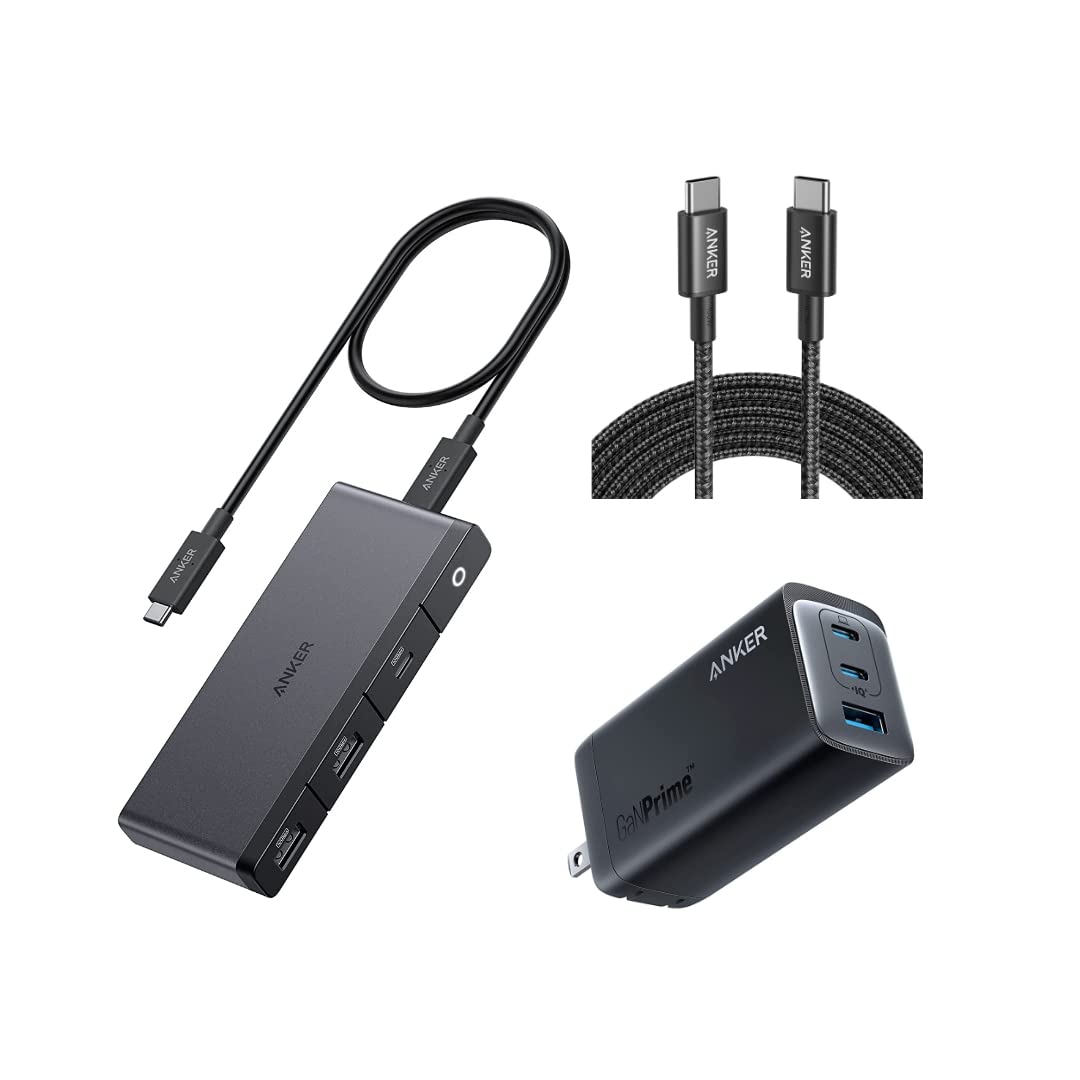 Anker USB C Hub, 556 USB-C Hub (USB4, 8-in-1) with 1.6ft USB4 Cable, 10 Gbps USB-C and USB-A Data Ports & USB C Charger, Anker 737 Charger GaNPrime 120W & New Nylon USB C to USB C Cable 100W 10ft