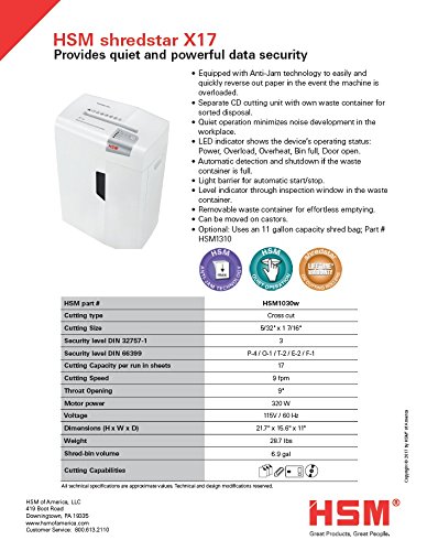HSM shredstar X17, 17-Sheet Cross-Cut Paper/CD/Card Shredder, P-4 Security Level, 6.9 Gallon, White