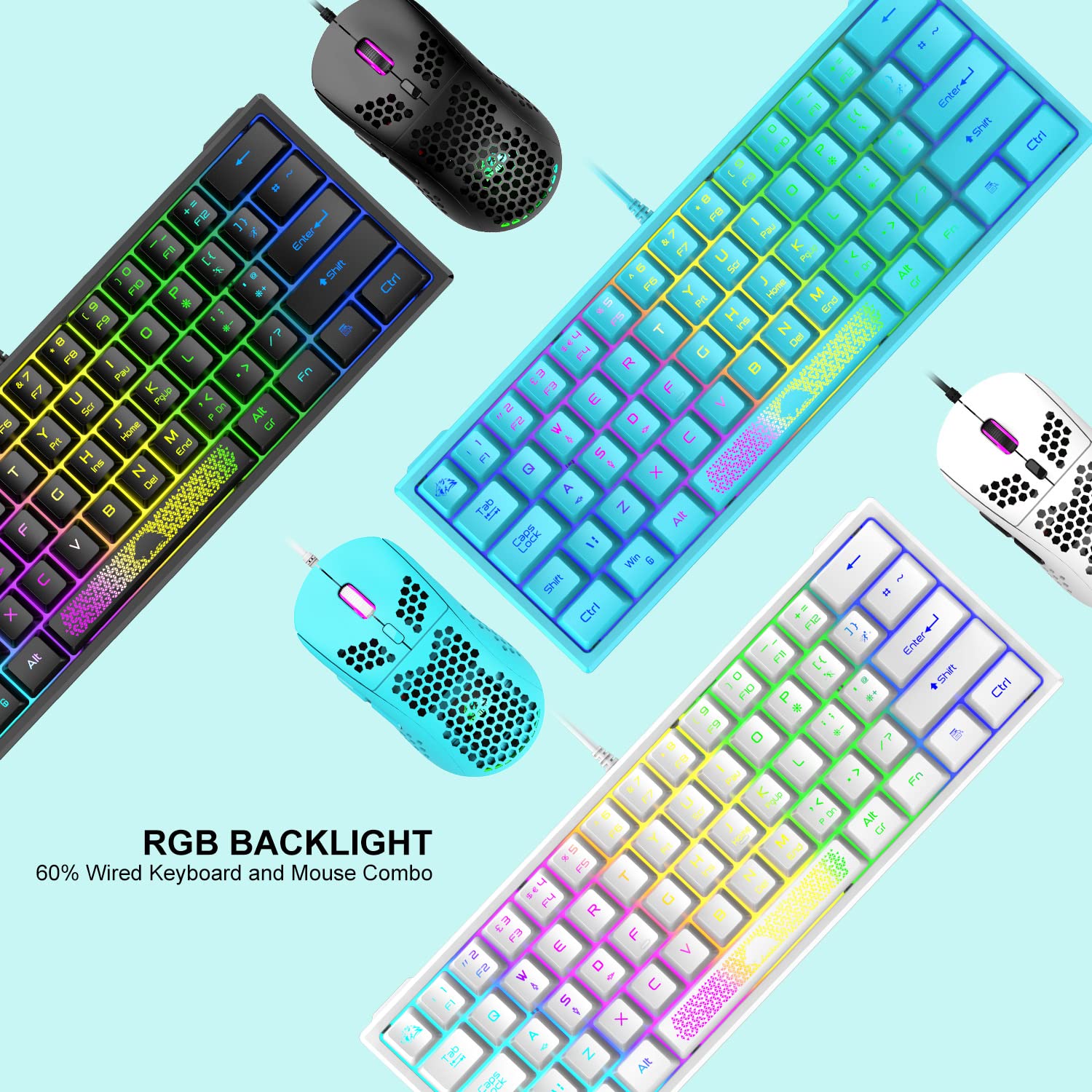 60% Gaming Keyboard and Mouse Combo Samll Mini RGB Backlight Mechanical Feeling and Mechanical RGB 6400 DPI Honeycomb Optical Mouse,Gaming Mouse pad for Gamers and Typists (Green)