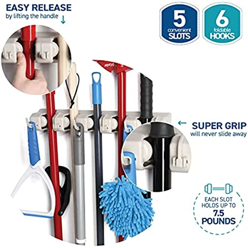 ABHYA Household Mop and Broom Holder, Storage Rack, 5 Positions, 6 Hooks Garage Storage Holds 11 Tools, Broom Holder Storage Solution, Storage System Broom Organizer.