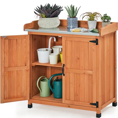 Yaheetech Garden Potting Bench Table - Outdoor Garden Patio Wooden Storage Cabinet & Solid Wood Planting Work Bench with Large Space Storage & Metal-Plated Tabletop, Brown
