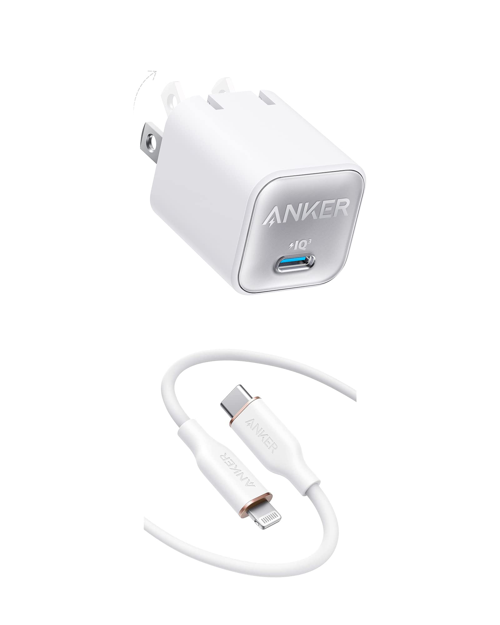 Anker USB-C to Lightning Cable, 641 Cable (6ft), MFi Certified, Powerline III Flow Silicone Fast Charging Cable & Anker USB C GaN Charger 30W, 511 Charger (Nano 3), PIQ 3.0 Foldable PPS Fast Charger(W