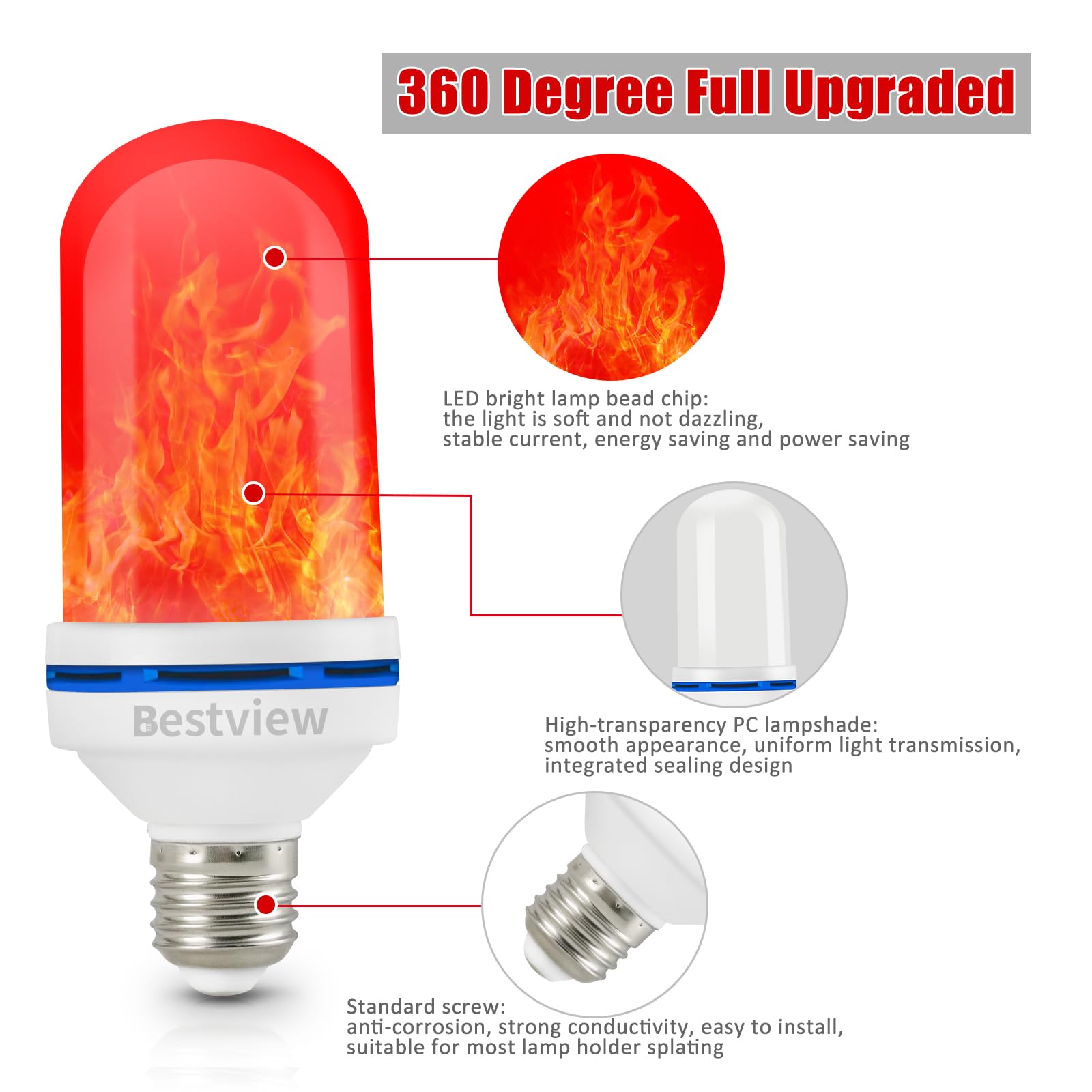 Bestview LED Flame Effect Light Bulbs,4 Modes Smart E26/E27 Base Flickering Fire Light Bulbs with for Halloween, Christmas, Party, Porch, Indoor&Outdoor Home Decoration Lighting (Green &Red)