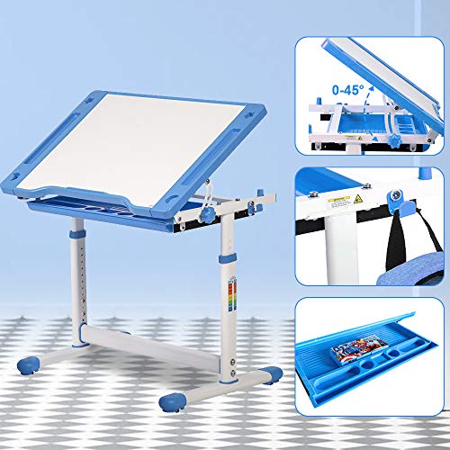 Kids Desk and Chair Set Adjustable Height Ergonomic Children's Table with Storage Drawer Kids Study Homework Desk Table for 3-15 Kids (Blue)