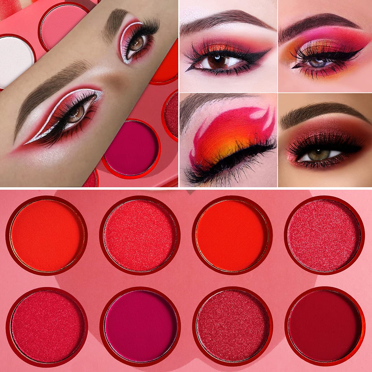 Afflano Red Eyeshadow Palette Makeup, Ultra Pigmented and Blending Bright Dark Hot True Red Eye Shade 12 Color, Cruelty Free Velvet Matte Shimmer Warm Fall Sunset Pink Red Eye Shadow Pallet