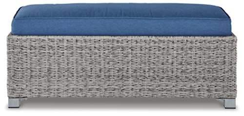 Signature Design by Ashley Naples Beach Casual Outdoor Bench with Cushion, Light Gray & Blue