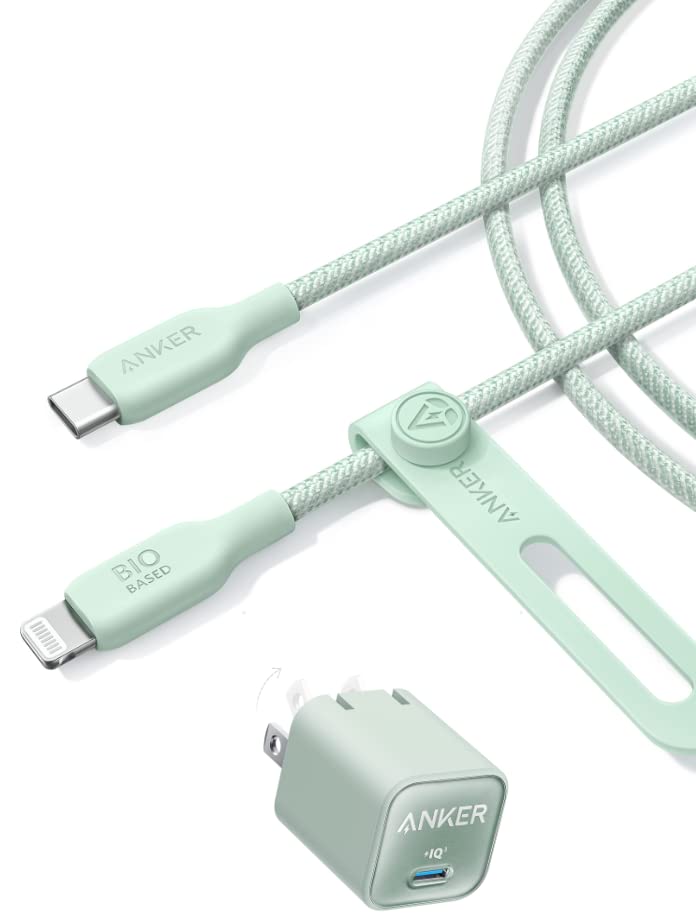 Anker USB-C to Lightning Cable, Anker 541 Bio-Nylon Cable (6ft), MFi Certified, Bio-Based Fast Charging Cable & Anker USB C GaN Charger 30W, 511 Charger (Nano 3), Foldable PPS Fast Charger(Green)