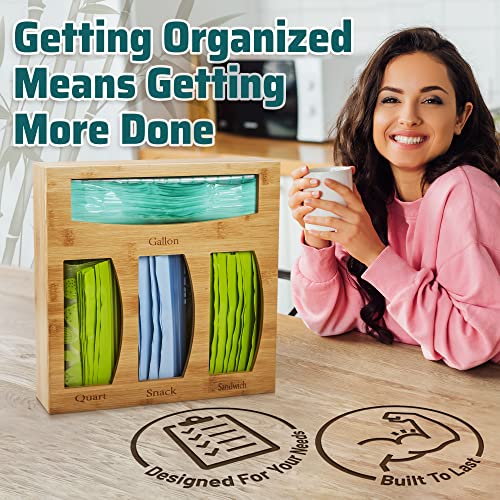 Carnation Brands Bamboo Ziplock Bag Organizer for Drawer - Rustic Brown Dispenser Kitchen Organization Pre-Assembled Baggie Storage to Minimize Clutter 12-''x12-''x3-''