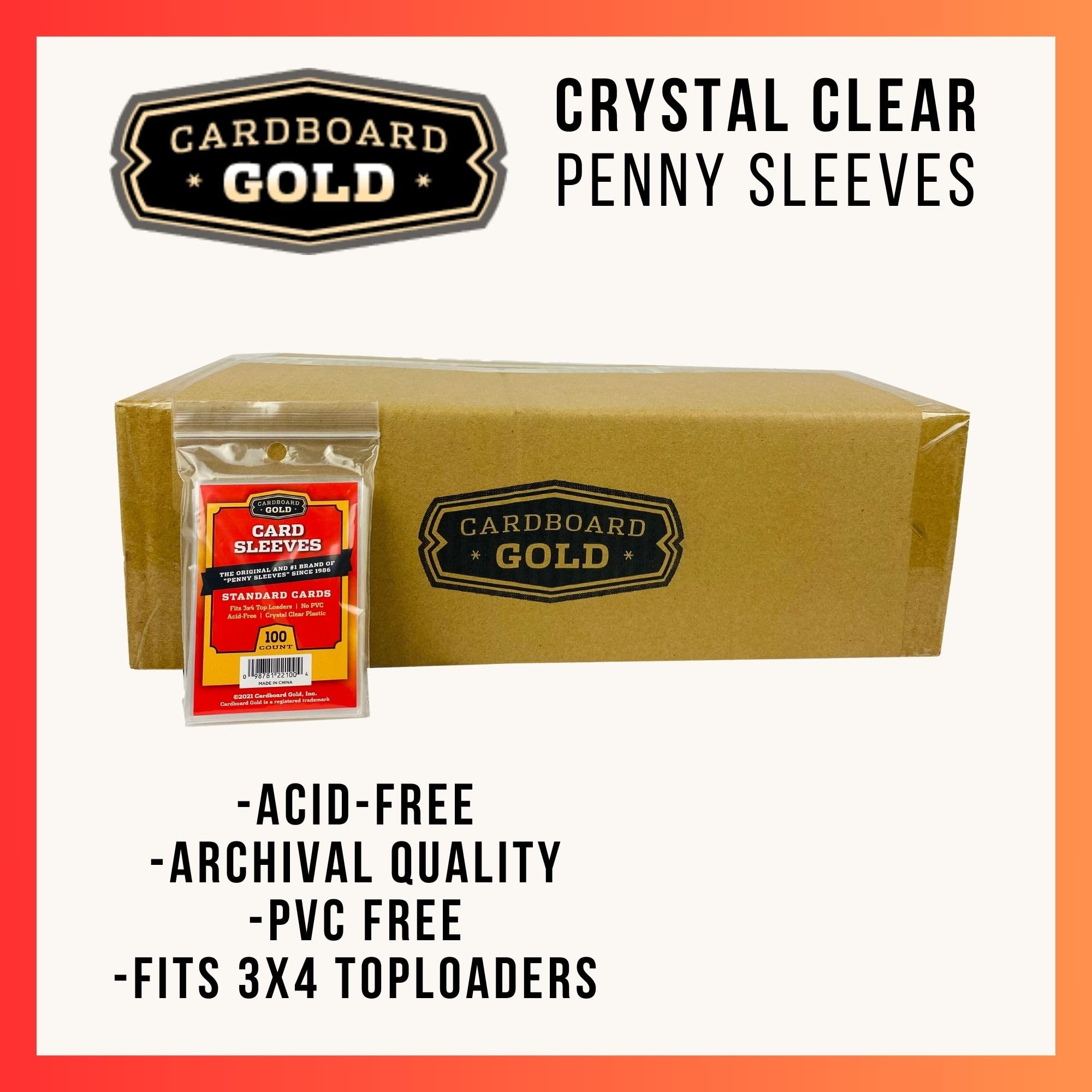 Cardboard Gold Penny Sleeves for Trading Cards - 100 Count Card Protector Sleeves with Durable, Crystal-Clear Plastic for Baseball, Sports, Collector, Standard-Sized Cards 2-5/8โ x 3-5/8โ (67x94mm)