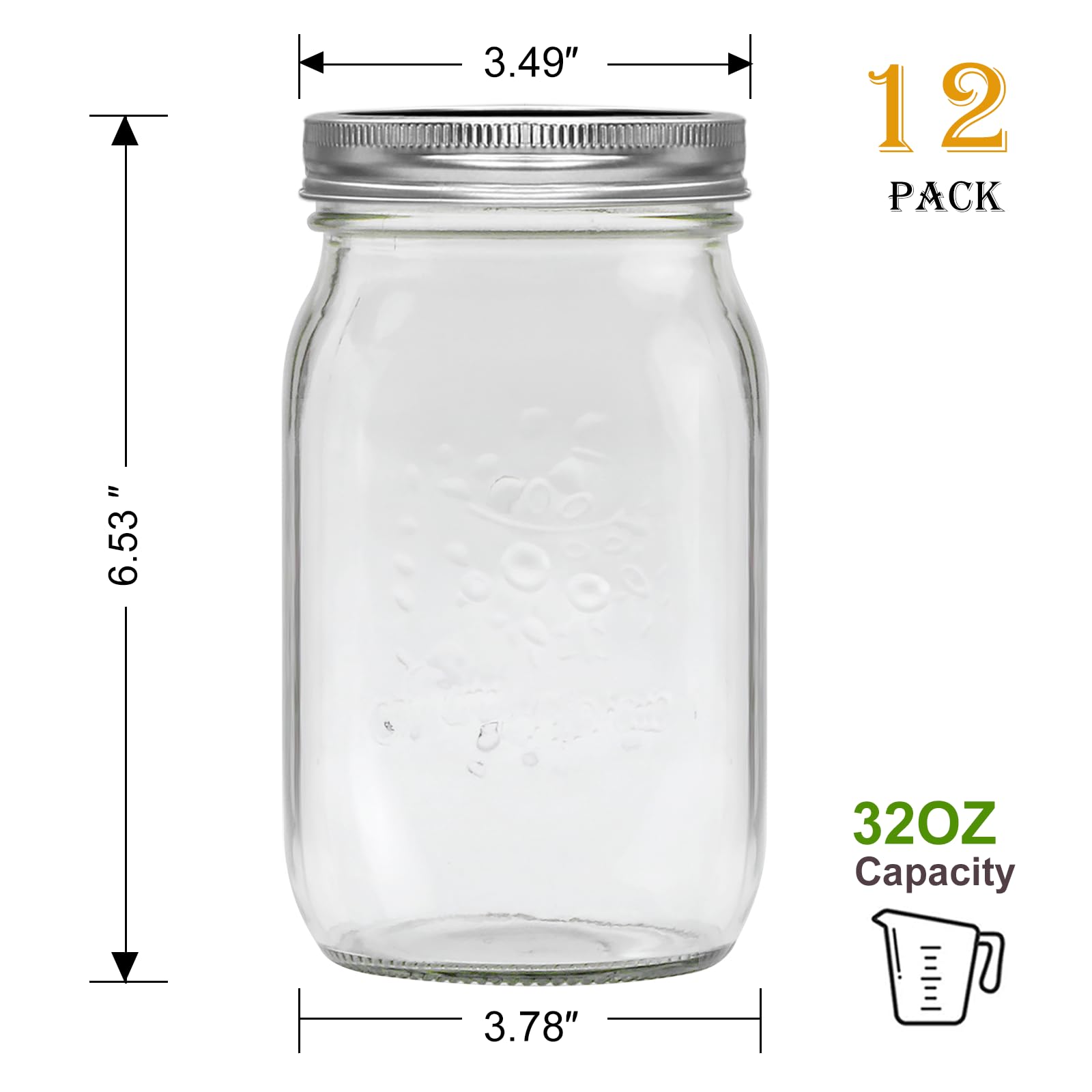 Encheng Wide Mouth Mason Jars 32oz,Clear Glass Mason Jars with Lids and Bands,12 Pack Quart Size Canning Jars with Metal and Plastic Lids for Preserving,Meal Prep,Fermenting,Jam