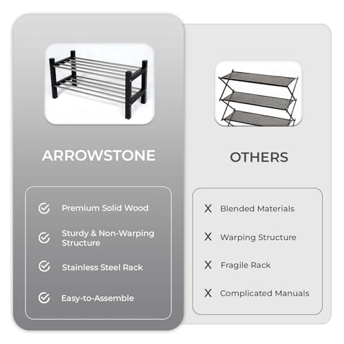 ARROWSTONE Black Shoe Rack 2 Tier, Solid Acacia Wood, 31" W Entryway Free Standing Shoe Rack, Stainless Steel Stackable Shoe Organizer for Front Door, Bedroom, Living Room, Bathroom