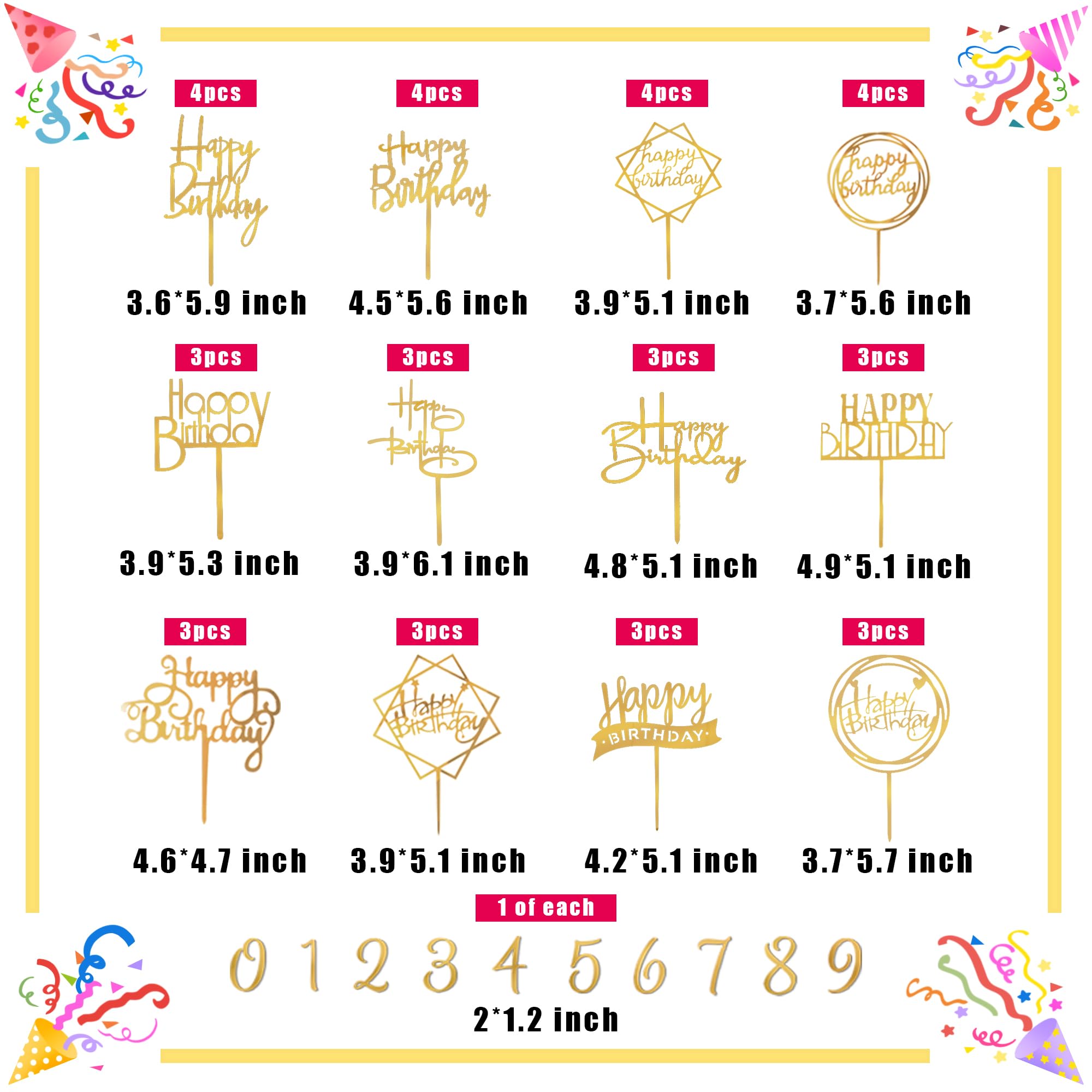 50 PCS Gold Happy Birthday Cake Topper Acrylic Birthday Cupcake Topper Pick for Birthday Party Cake Desserts Pastries Decorations (Gold)